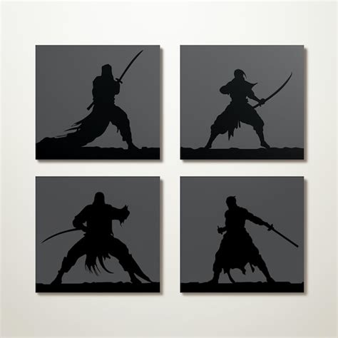 Quatro Silhuetas Pretas De Ninjas Com Espadas Em Diferentes Poses