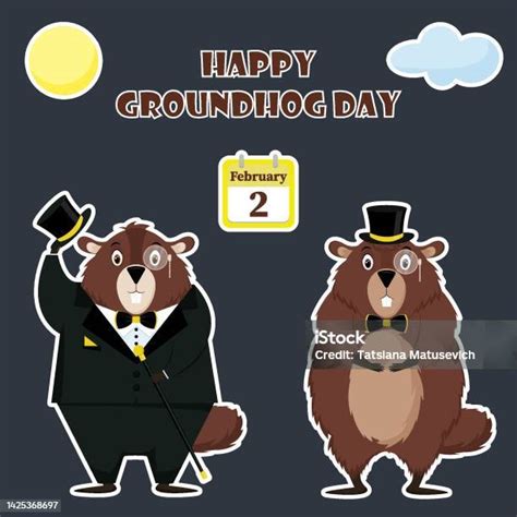 해피 그라운드 호그 데이 상단 모자와 넥타이에 우아한 땅 돼지를 묘사 스티커의 그림 벡터 일러스트레이션 2월에 대한 스톡 벡터