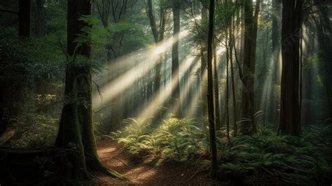 The Sun Rays Are Shining Through Trees In The Forest Background A
