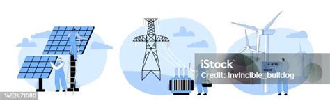 대체 전기 및 청정 에너지 분배 개념을 설정합니다 엔지니어는 태양 전지판 풍력 터빈을 설치합니다 제어판에 대한 스톡 벡터 아트 및 기타 이미지 Istock