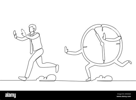 Single Continuous Line Drawing Stressed Businessman Being Chased By Time Deadline Planning
