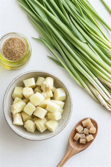 Overhead View Of Diced Ginger Scallions And Brown Sugar On White Background Stock Illustration