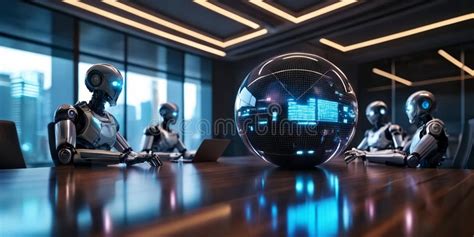 Robot Team Working In The Office Instead Human Future Technology Concept Stock Illustration