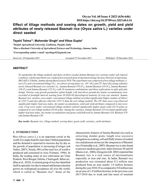 Pdf Effect Of Tillage Methods And Sowing Dates On Growth Yield And Yield Attributes Of Newly
