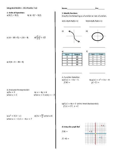 Math Test Math Test Integrated Math 1 Ch 1 Practice Test 1 Order Of Operations A 5 7