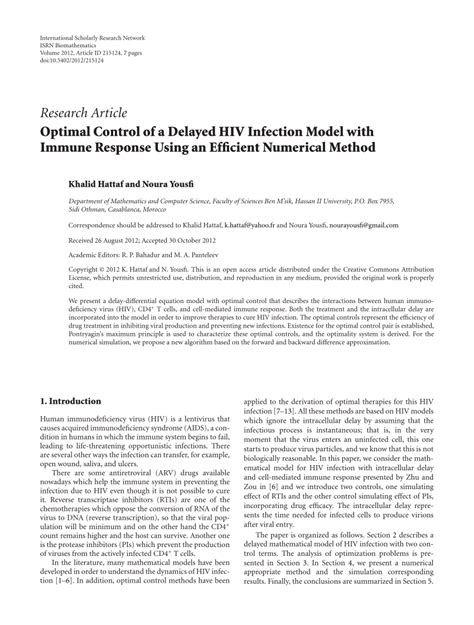 Pdf Optimal Control Of A Delayed Hiv Infection Model With Immune Response Using An Efficient