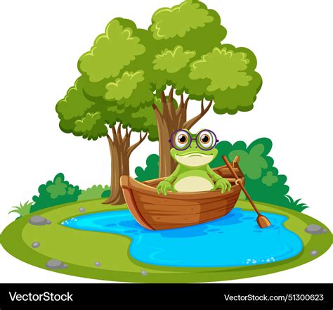Cartoon Frog Rowing A Wooden Boat Under Trees Vector Image