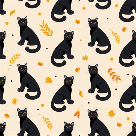 Halloween Seamless Pattern Black Cat Autumn Leaves Herbs And Candy In