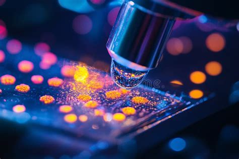 Close Up View Of Colorful Glass Slide Under A Microscope Showcasing Microscopic Samples With