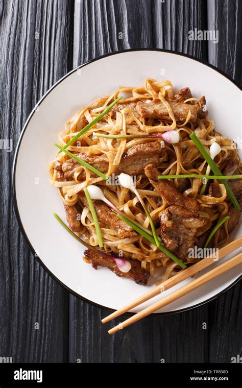 Beef Chow Fun Noodles Pan Fried Ho Fun Cantonese Dish Closeup On The
