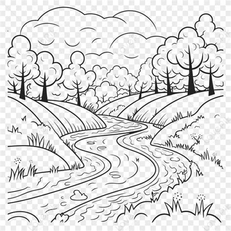 열린 시골의 강과 꽃 색칠 페이지 개요 스케치 드로잉 벡터라인 아트선 그리기 Png 일러스트 무료 다운로드 Lovepik