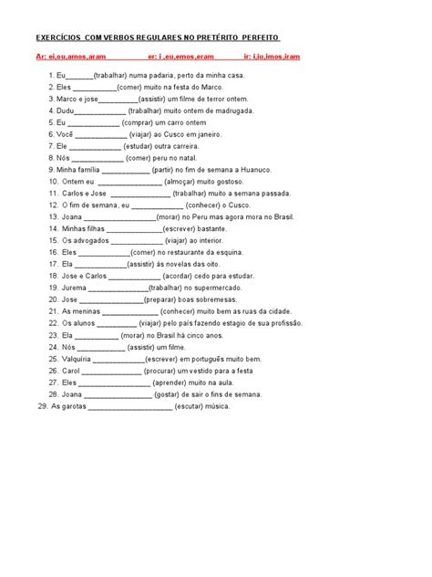 Exercicios Com Verbos Regulares No Preterito Perfeito Pdf Artes