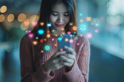 Mujer Joven Feliz Usando Su Teléfono Para Interactuar Con Las Redes