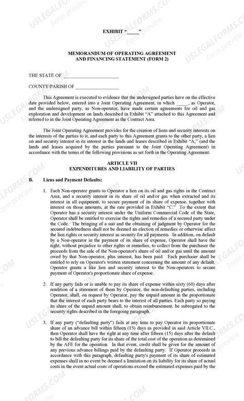 Nevada Exhibit H To Operating Agreement Memorandum Of Operating Agreement And Financing