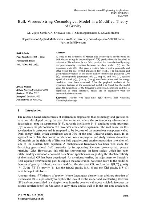 Pdf Bulk Viscous String Cosmological Model In A Modified Theory Of