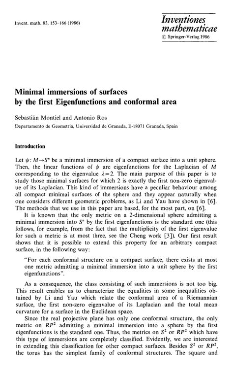 Pdf Minimal Immersions Of Surfaces By The First Eigenfunctions And