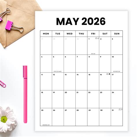 May 2026 Vertical Minimalist Calendar Us Holidays And Moon Phases