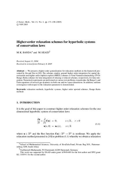 Pdf Higher Order Relaxation Schemes For Hyperbolic Systems Of Conservation Laws