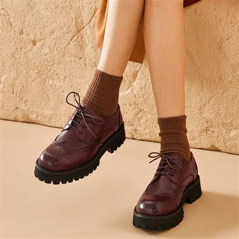 Beau Today Womens Chunky Oxfords Platform Leather Lace Up Oxfords
