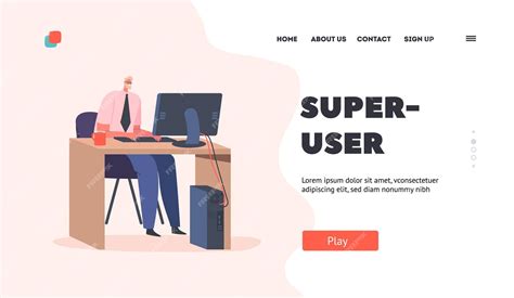 Premium Vector Super User Landing Page Template Man Sysadmin Or Coder At Work On Computer In