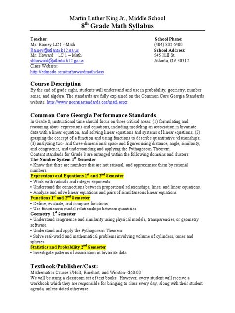 8th Grade Math Syllabus Equations Homework