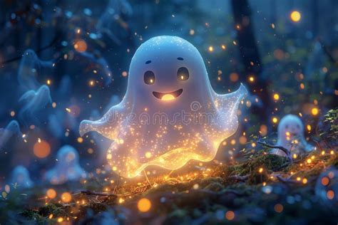 A Cute Ghost Character Floating In The Air Multiple Small Ghosts In