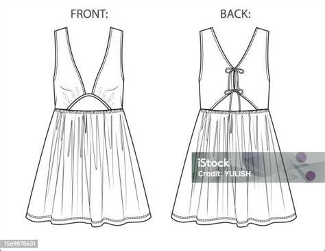 벡터 민소매 V넥 미니 드레스 기술 도면 활 디테일 패션 Cad 스케치 템플릿 플랫이 있는 여성 드레스 저지 또는 짠 직물 드레스 앞면 뒷면보기 흰색 0명에 대한 스톡 벡터