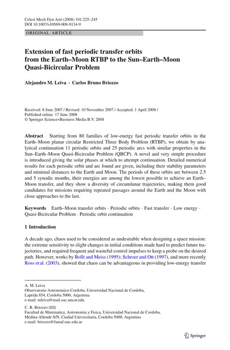 Pdf Extension Of Fast Periodic Transfer Orbits From The Earth Moon Rtbp To The Sun Earth Moon