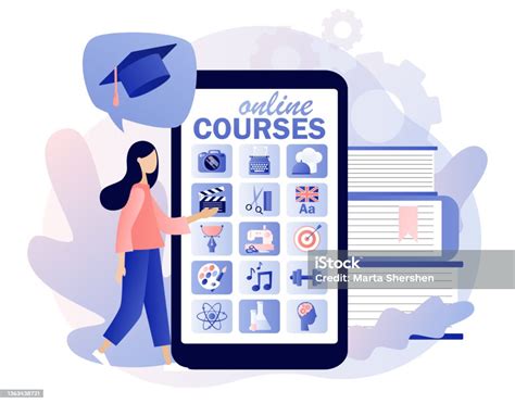 온라인 코스 E러닝 개념 거리 교육 작은 여자는 배우고 스마트 폰 응용 프로그램에서 온라인으로 웨비나 시청 현대 플랫 만화 스타일 흰색 배경의 벡터 그림 Brand Name
