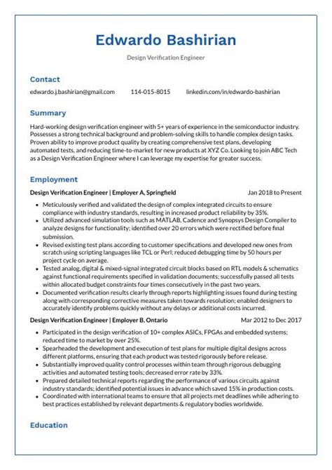 Design Verification Engineer Resume Cv Example And Writing Guide