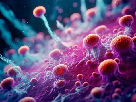 Premium Ai Image Surreal Depiction Of Microorganisms With Vibrant Red And Purple Hues