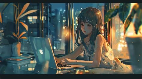 Anime Girl On The Laptop In Front Of The Glass In The Style Of Romantic