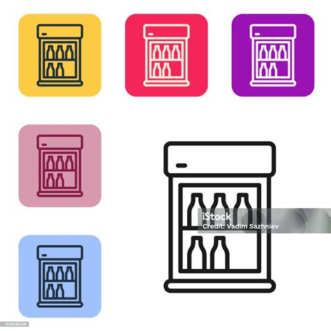 검은색 선 흰색 배경에 격리된 음료 아이콘을 저장하는 상업용 냉장고 상점이나 슈퍼마켓의 부패하기 쉬운 제품 색상 사각형 버튼으로 아이콘을 설정합니다 벡터 0명에 대한 스톡