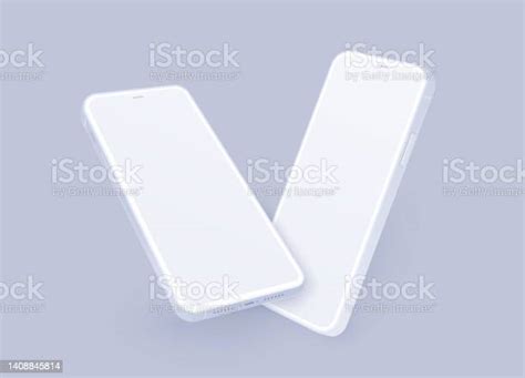 흰색 스마트 폰 모형 원근감 뷰에서 격리 된 3d 점토 모바일 템플릿 사용자 인터페이스 앱 디자인 미디어 또는 프로모션 벡터 일러스트 레이 션을 표시하기위한 빈 화면이있는