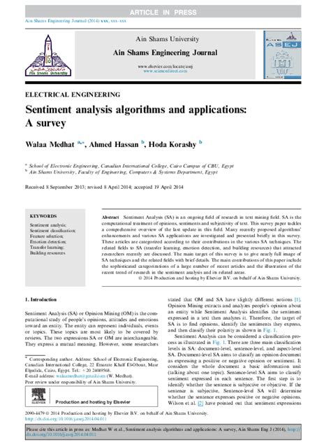 (PDF) Sentiment Analysis Algorithms and Applications: A Survey