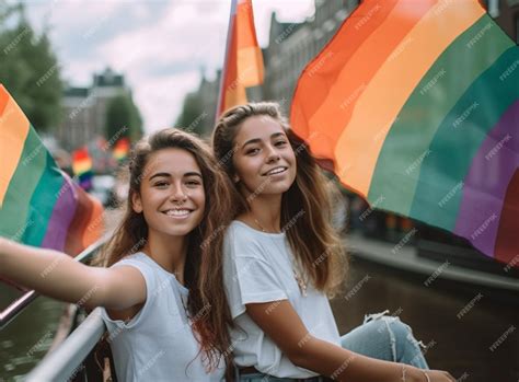 Premium Photo Two Girls With Rainbow Flags At Lgbtq Pride Parade In