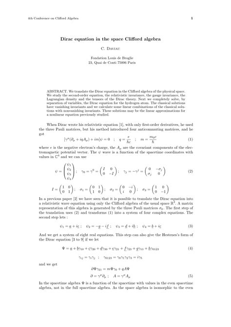 Pdf Dirac Equation In The Clifford Algebra Of Space