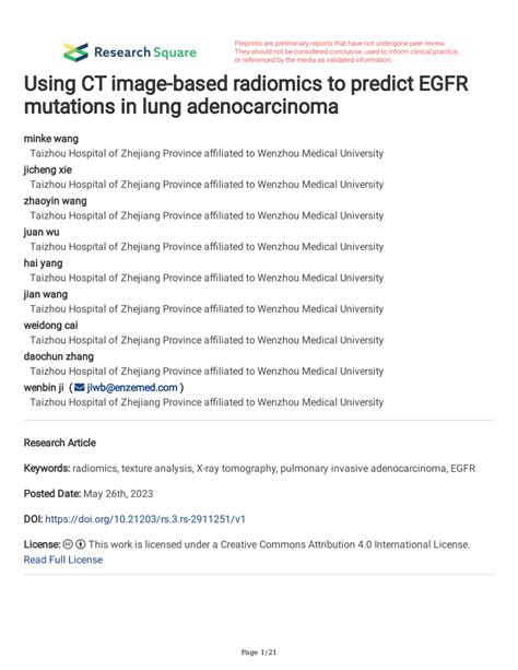 Pdf Using Ct Image Based Radiomics To Predict Egfr Mutations In Lung Adenocarcinoma