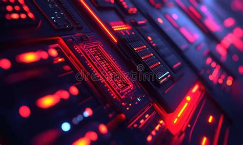 Futuristic Circuit Board With Glowing Red And Blue Lights In Abstract Technology Design Stock