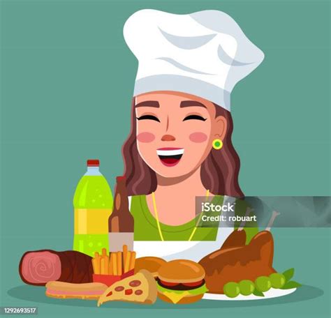웃는 여자는 건강에 해로운 고칼로리 맛있는 음식 패스트 푸드 길거리 지방 음식으로 요리 감자 요리에 대한 스톡 벡터 아트 및 기타 이미지 감자 요리 건강에 좋지 않은