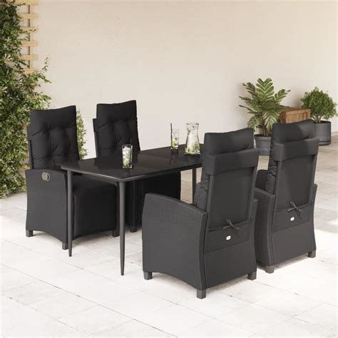 5 Piece Garden Dining Set With Cushions Black Poly Rattan Vidaxl Big W
