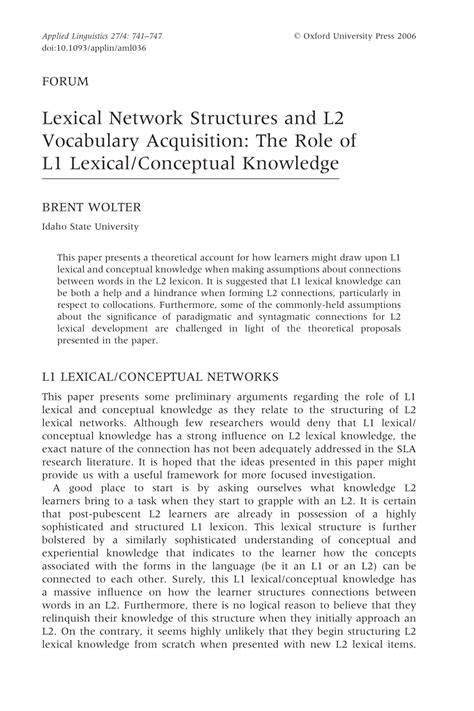 Pdf Lexical Network Structures And L2 Vocabulary Acquisition The Role Of L1 Lexical