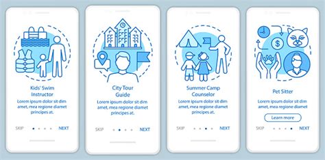 선형 개념으로 모바일 앱 페이지 화면의 여름 파트 타임 작업 파란색 온보딩 수영 강사 투어 가이드 연습 단계 그래픽 지침 Ux Ui 그림이 있는 Gui 벡터 템플릿 4에