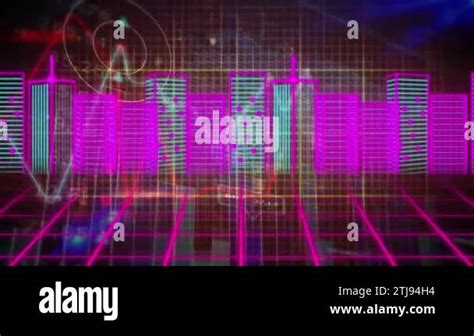 Animation Of Neon Lines With Digital City Over Data Processing On Black