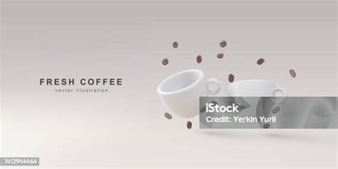현실적인 두 종이 커피 컵과 커피 원두가있는 3d 배너 벡터 일러스트레이션 커피에 대한 스톡 벡터 아트 및 기타 이미지 커피