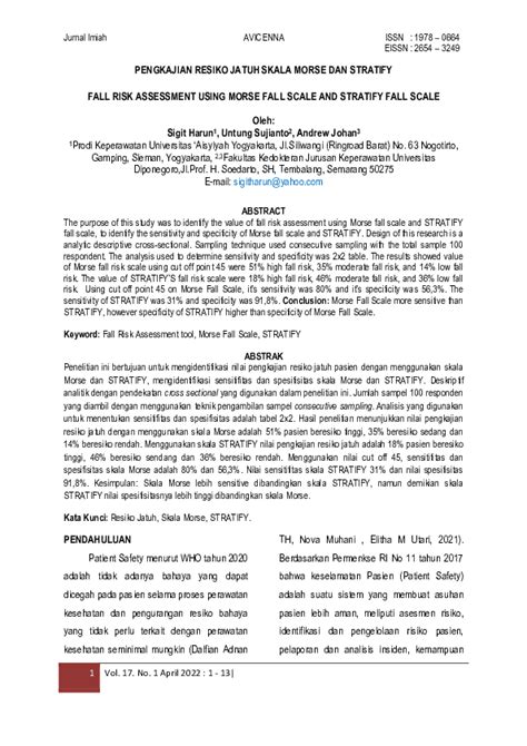 Pdf Fall Risk Assessment Using Morse Fall Scale And Stratify Fall Scale Sigit Harun