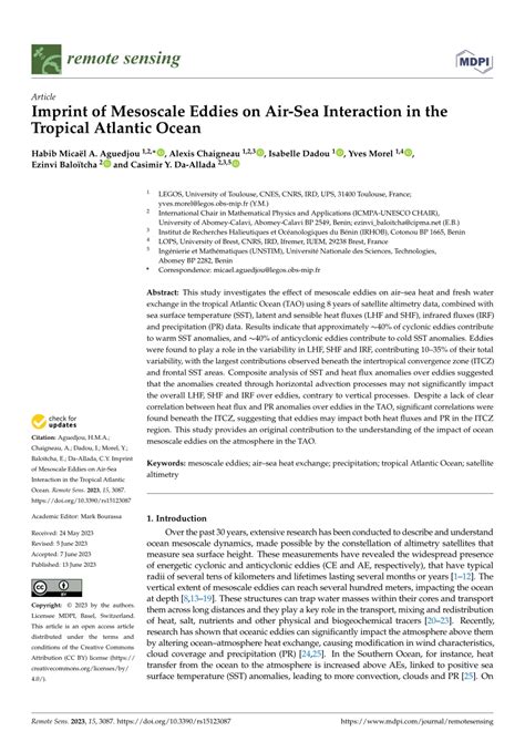 Pdf Imprint Of Mesoscale Eddies On Air Sea Interaction In The Tropical Atlantic Ocean