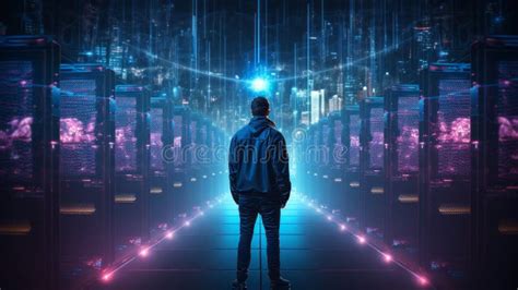 Silhouette Of A Male Hacker In A Server Room Neural Network Ai Generated Stock Image Image Of