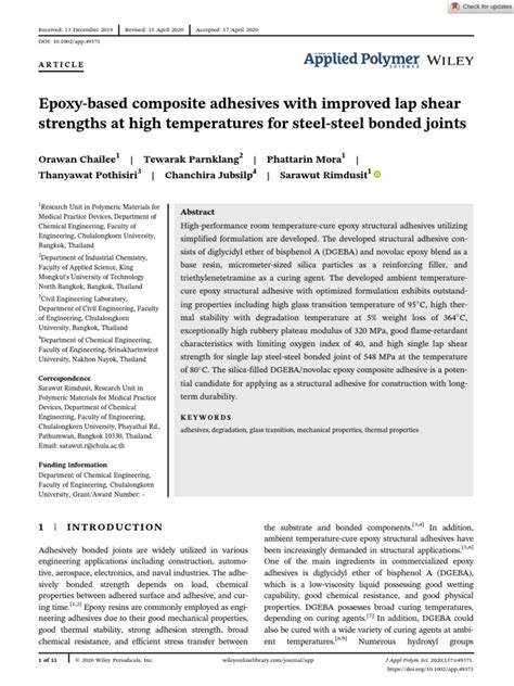 Epoxy Based Composite Adhesives With Improved Lap Shear Strengths At Epoxy Based Composite Adhesives With Improved Lap Shear Strengths At