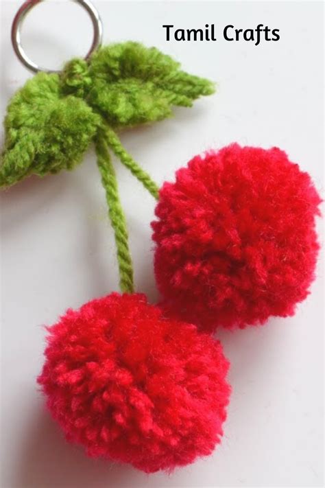 Cherry Keychain With Woolen Thread Tamilcrafts In 2025 Rope Crafts Diy Pom Pom Crafts